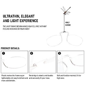 DXYXYO Armless Thin Reading Glasses for Men and Women Mini Lightweight Legless Clip on Nose Readers 3 Pack, 2.0