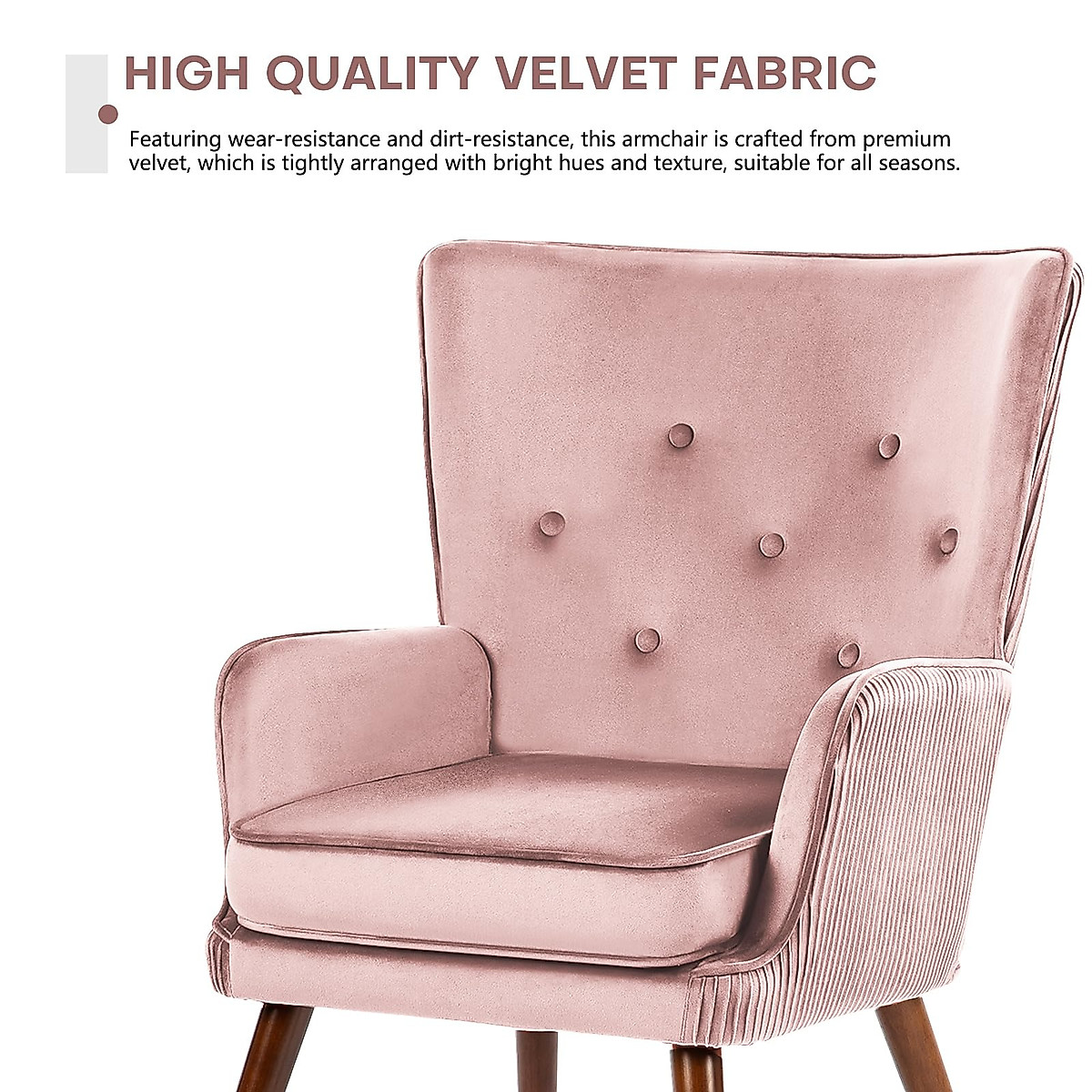 Bekrvio Velvet Accent Chair, Modern Wingback Armchair with High-Back, 4" Thick Seat Cushion, Velvet Upholstered Single Sofa Chair for Living Room Bedroom Reading Vanity Chair Club Arm Chair (Pink)