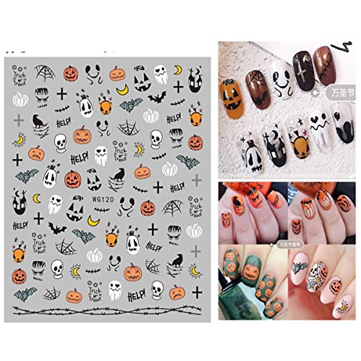 12 Sheets Halloween Nail Art Stickers Decals Self-Adhesive Pegatinas Uñas Cute Ghost Hat Castle Cat Skull Bat Nail Supplies Nail Art Design Decoration Accessories