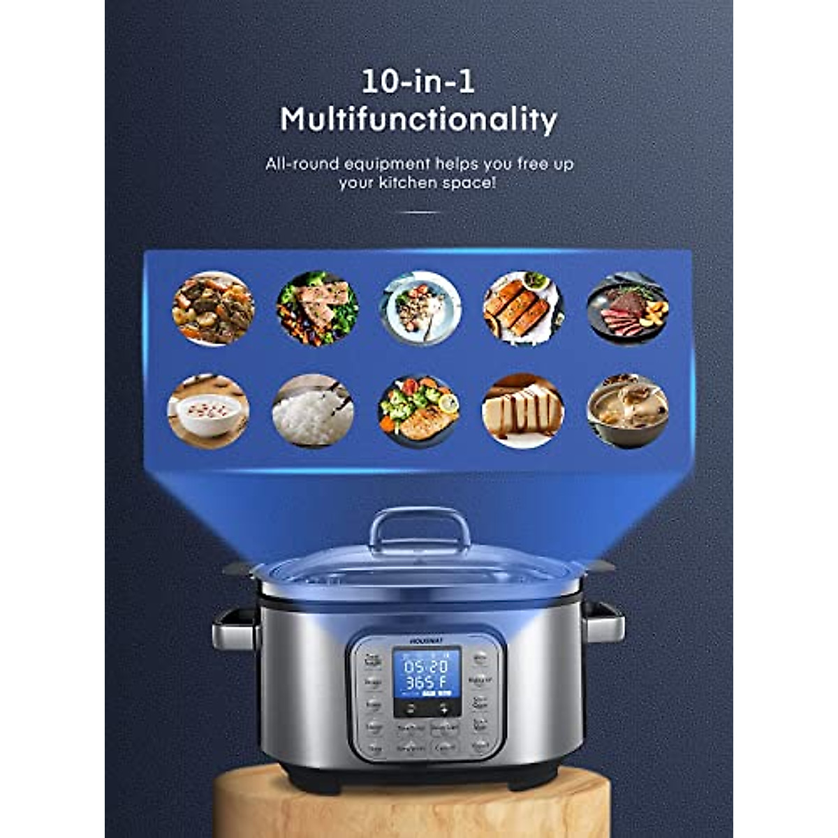 Slow Cooker, HOUSNAT 10 in 1 Programmable Cooker, 6Qt Stainless Steel, Rice Cooker, Yogurt Maker, Delay Start, Steaming Rack and Glass Lid, Adjustable Temp&Time for Slow Cook with Digital Timer