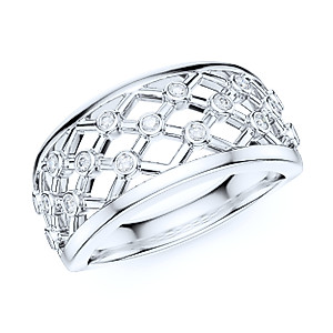 PRSTANI Sterling Silver 9mm Wide Grid Small Simulated Round Brilliant Cut Diamonds Wedding Band Cocktail Ring (9.5)