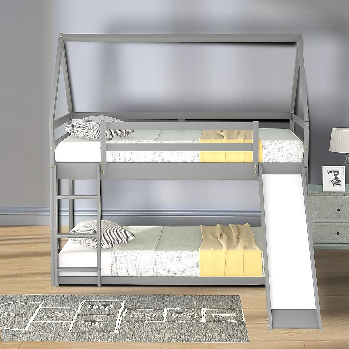 LostCat Twin Over Twin Bunk Bed with Slide,House Shaped Wooden Bunkbeds w/Safety Guardrail and Ladder,No Box Spring Needed,Suitable for Girls Boys,Grey
