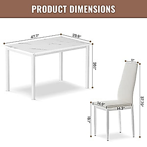Lamerge Dining Table Set for 4, Marble Kitchen Table and Chairs for 4, Comfortable PU Leather Chairs,Dining RoomTable Set for Small Space,Living Room, Breakfast Nook,White+White