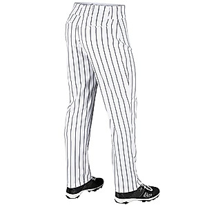 CHAMPRO Men's Triple Crown OB Open-Bottom Loose-Fit Baseball Pant with Knit-in Pinstripes, White, Navy, Small