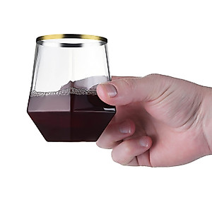 32 Pack Diamond Stemless Plastic Wine Glasses, 12 oz Unique Diamond Shape, Clear Gold Rim Glasses for Wine, Whiskey, Cocktails, Juice, Trendy & Modern Stemware, Food-Grade Disposable Drinkware