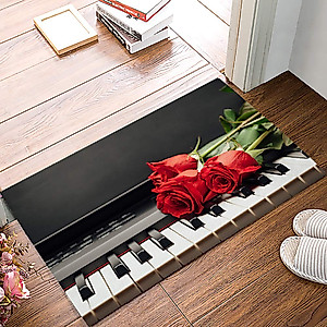 Red Rose Flower on Black and White Piano Keys Indoor Doormat Bath Rugs Non Slip, Washable Cover Floor Rug Absorbent Carpets Floor Mat Home Decor for Kitchen Bathroom Bedroom (16x24)