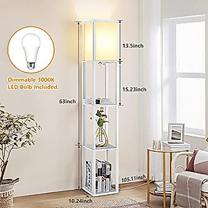 FOLKSMATE Touch Control Shelf Floor Lamp, Modern Dimmable LED Standing Lamps with Shelves, 2 Fast Charging USB Ports and Power Outlet, Wood Tall Light for Living Room, Bedroom, Bedside，White