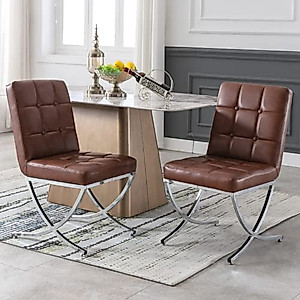 LukeAlon PU Leather Dining Chairs Set of 2, Upholstered Button Tufted Dining Room Chairs with Metal Legs Modern Armless Dinner Chairs Comfy Side Chairs for Kitchen, Brown