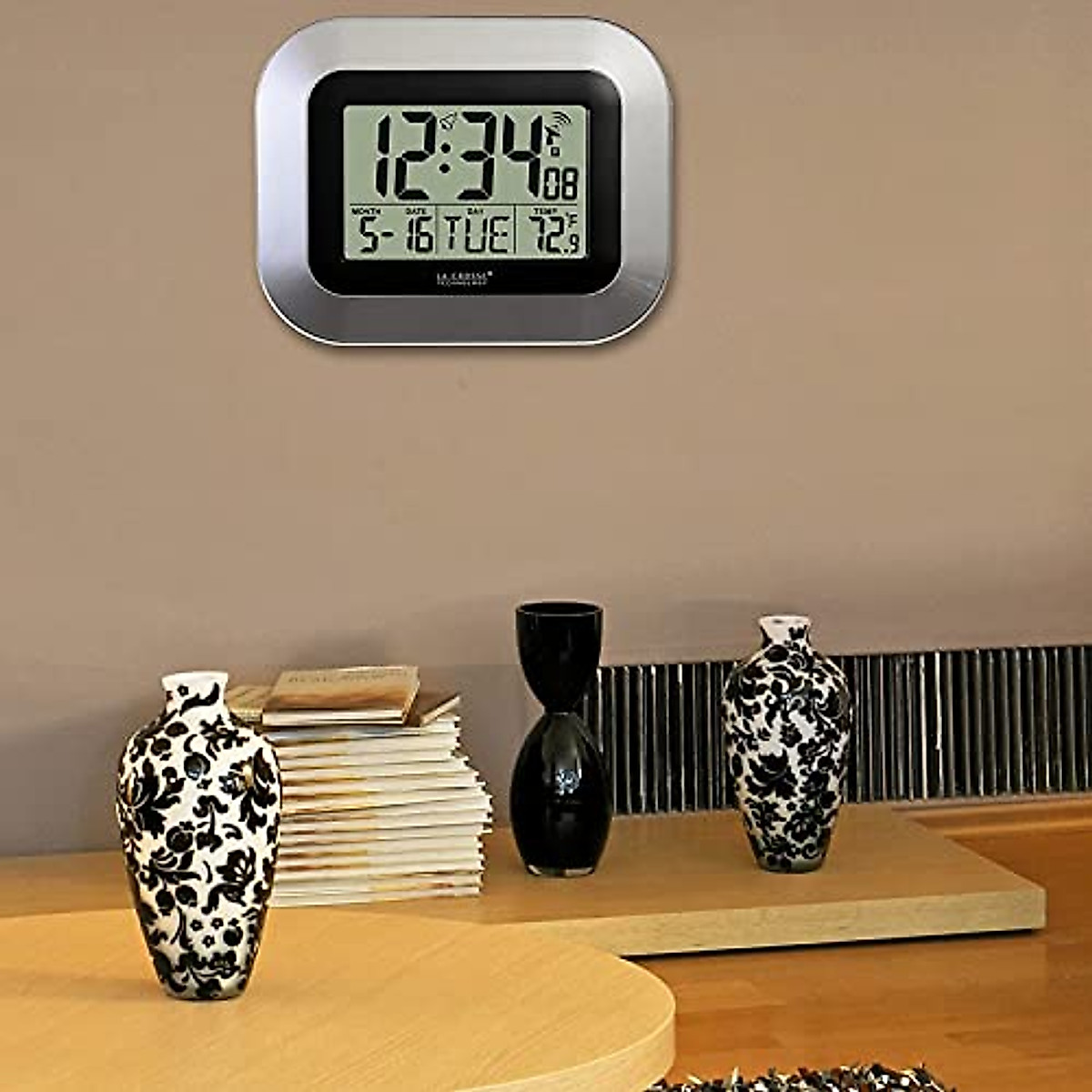 La Crosse Technology WT-8005U-S Atomic Digital Wall Clock with Indoor Temperature, Silver, Pack of 5