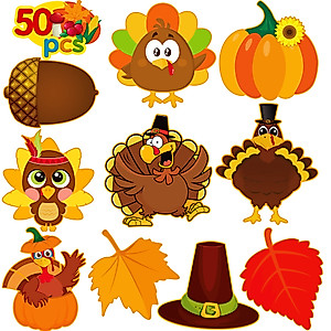 Joy Bang Fall Bulletin Board Decorations, 50 Pcs Autumn Fall Cutouts Pumpkin Leaves Turkey Cutouts for Classroom School Thanksgiving Bulletin Board Decorations Decor