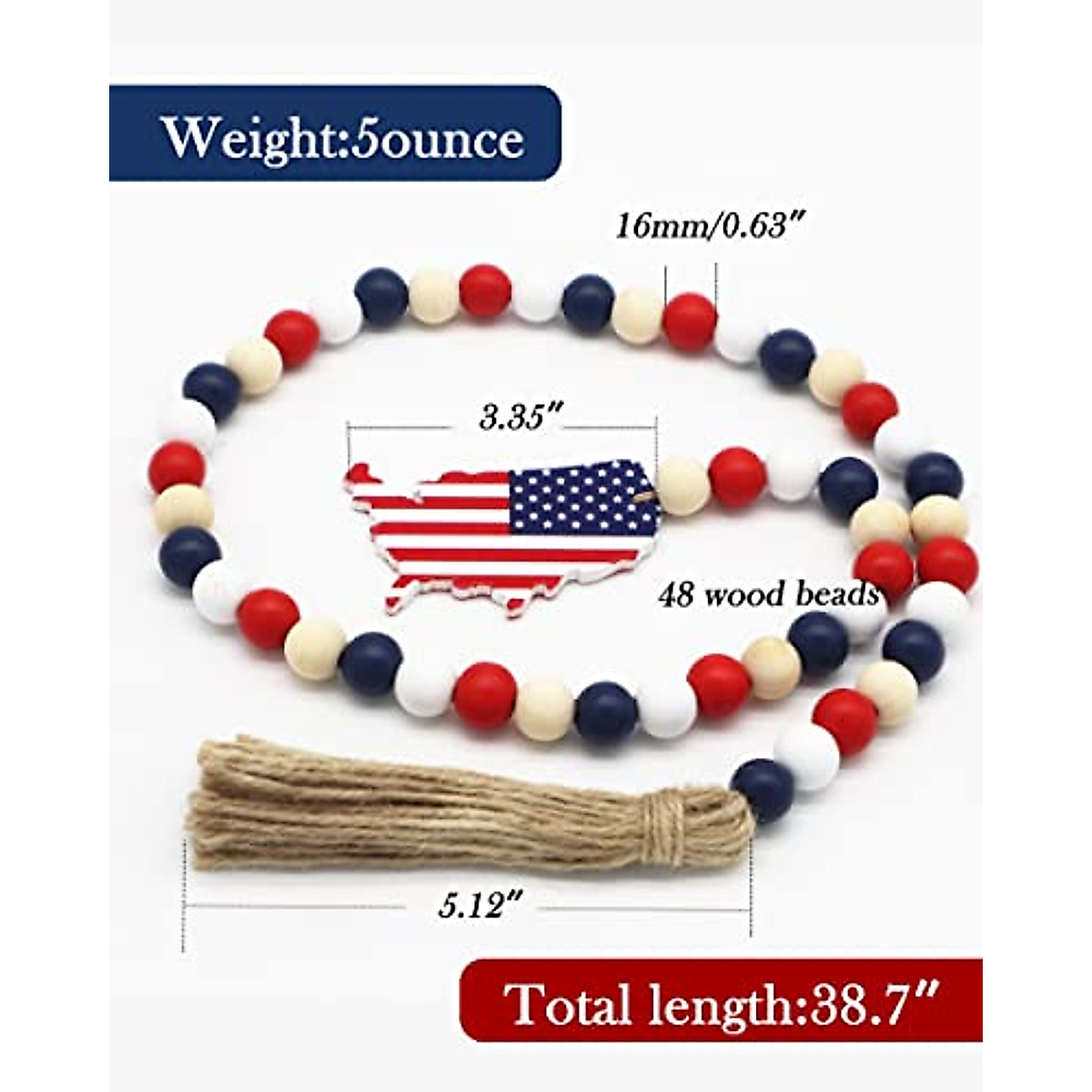 Wooden Beads Decor,Fall Decorations for Tiered Tray Decor Wood Bead Garland, Farmhouse Decor Beads with Tassel, Prayer Boho Beads Big Wall Hanging Decor (Red, White, Blue)