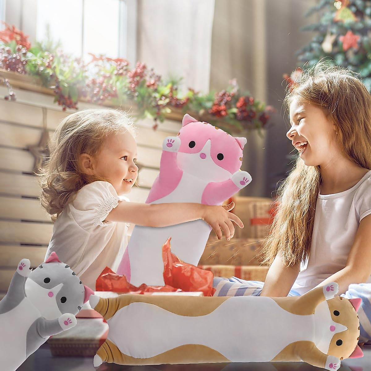 SHINUOER Long Cat Plush Pillow Cat Body Pillow,Pink Cat Stuffed Animals Soft Plushies Kawaii Stuffed Kitten Plush Toy for Kids Girlfriend(Pink, 19.7Inch)