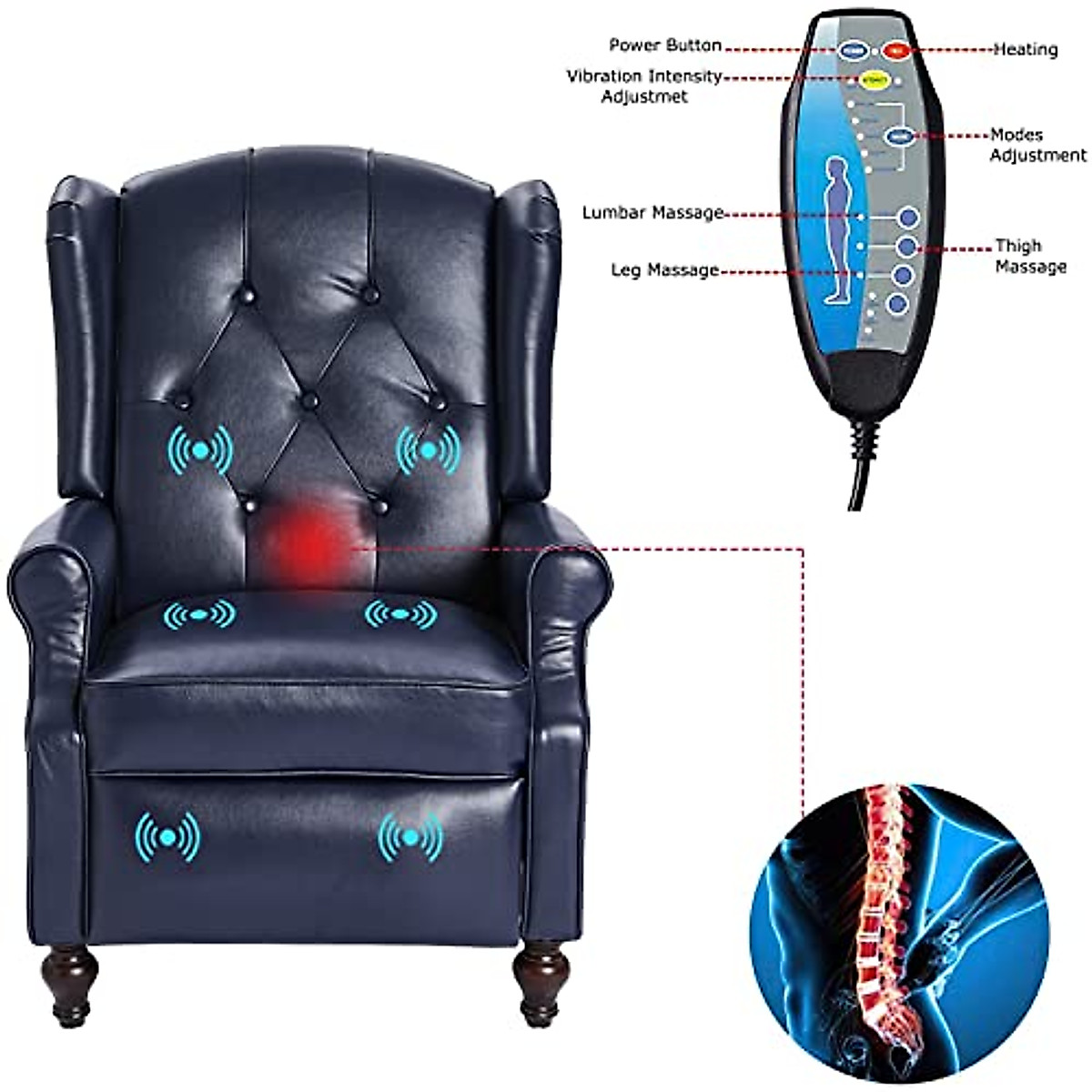 VUYUYU Wingback Recliner Chair, Push Back Arm Chair with Heat and Massage, PU Leather Single Sofa for Home, Living Room, Office, Bedroom(Navy Blue)