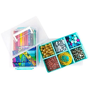 Joy Filled Storage - 3 Clear Stackable Containers with Handle and 6 Compartment Insert (10x7x2.5in) - with Turquoise Detail for Craft, Ideal for Food Storage and Organizing Containers