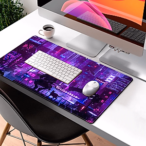 Anime Neon Mouse Pad Purple City Gaming Desk Big Cute Kawaii Pink Extended Mouse Pad Gaming,Office Keyboard Pc Laptop Mousepad Large 31.5x15.7 in-with Stitched Eges Non-Slip Base Mouse Pads Mat