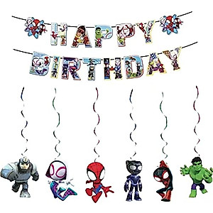 Spidey and His Amazing Friends Birthday Party Supplies Decorations Set with Tablecloth,Plates,Napkins, Banner, Balloons, Hanging Swirls, Cake Cupcake Toppers for Boys Girls Spidey-Theme Party