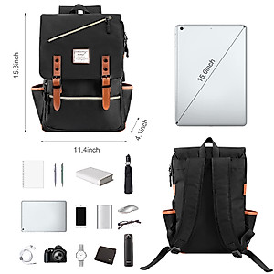 Mecrowd Vintage Laptop Backpack with USB Charging Port, Backpack for College School Student Fits up to 15.6 Inch Laptop Computer Backpack Casual Rucksack for Men Women (Black)