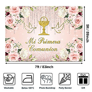 Avezano Mi Primera Comunion Backdrop Girls First Holy Communion Baptism Decorations Gold Grail God Bless Party Baby Shower Background (7x5ft, 83x59inch, Pink)