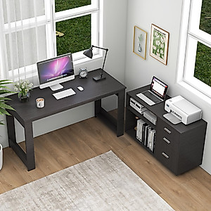 MU Gray L Shaped Desk with Drawers, Corner Desk with 3 Drawers and 2 Shelve, Executive Office Desk with Storage File Cabinet for Home Office Workstation, Bedroom, 55 inch