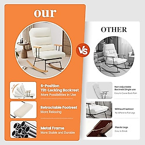 Rocking Chair with Footrest-Glider Rocker Chair with Retractable Footrest and Adjustable Backrest, Teddy Upholstered Rocking Chair, Modern Accent Chair for Living Room/Nursery/Bedroom/Outdoor-Beige