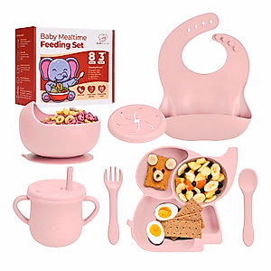 Complete Silicone Baby Feeding Set - 6+ Months Food Grade Baby Feeding Essentials | Silicone Bibs, Baby Bowls and Plates, 3 in 1 Baby Sippy Cup, Spoons and Fork Set | Free of BPA/PVC/Lead/Phthalate