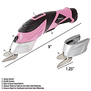 Cordless Electric Scissors with Two Blades – Fabric, Leather, Carpet and Cardboard Cutter – 3.6V Lithium-Ion Rechargeable Battery by Stalwart (Pink)