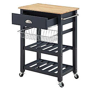 OS Home and Office Furniture Model HMPNW-70 Hampton Kitchen Cart in Blue with Solid Rubberwood Top