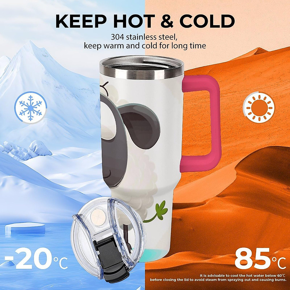 LLUTSNTH 40 Oz Vacuum Tumbler with Light Rose Red Handle Leakproof Insulated Tumbler Sheep Stainless Steel Travel Mug with Lid And Straw Coffee Cup Cute Water Bottles Cup Holder Friendly