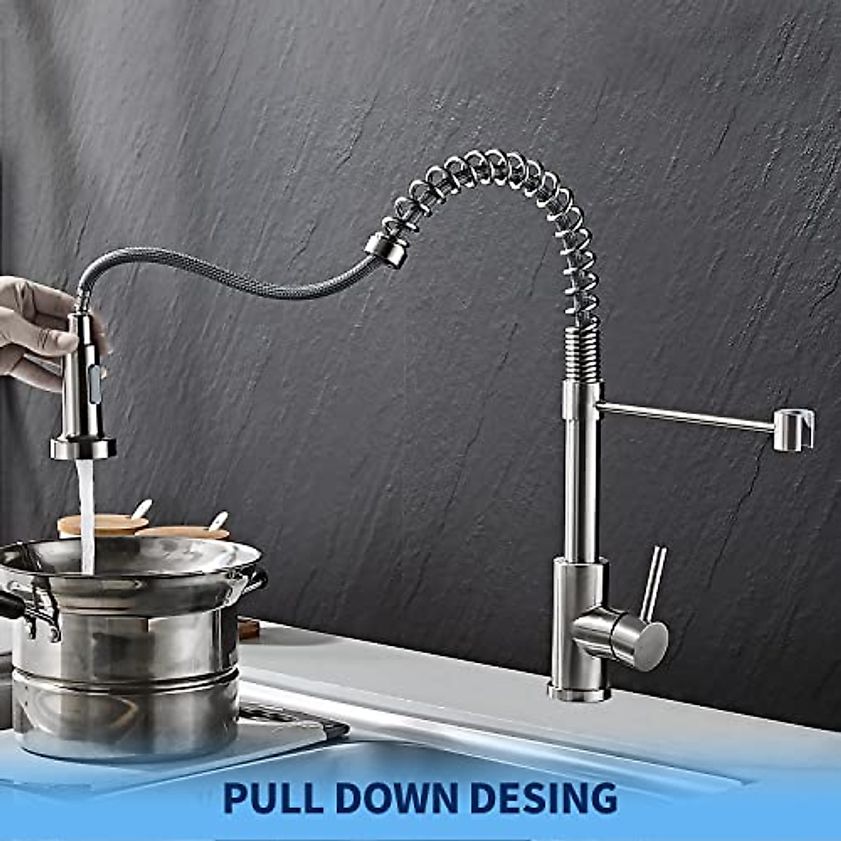 KSUCBOHAR Brushed Kitchen Faucet with Pull Down Sprayer, Solid Brass Single Handle High Arc Spring Pull Down Kitchen Sink Faucet Without Bottom Plate, Brushed