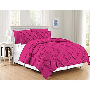 Hot Pink Pintuck Pinch Pleat Pattern Full/Queen Size 100% Cotton 800 TC Duvet Cover Sets Pinch Pleated 3pc Duvet Cover Set Zipper & Corner Ties Rectangle Pattern Decorative Pintuck Pillow Shams