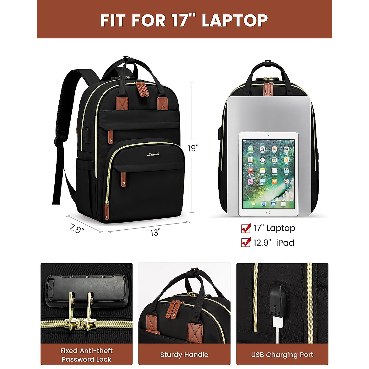 LOVEVOOK Laptop Backpack for Women & Men, Unisex Travel Anti-theft Bag Business Computer Backpacks Purse College Bag, Casual Hiking Daypack with Lock, 17 Inch, Black