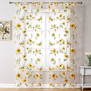 BROSHAN Sheer Curtains Yellow Flowers 1 Set of 2 Panels, Spring Beautiful Flower Voile Tulle Sheer Print Curtain Panels for Bedroom Living Room Window Treatments