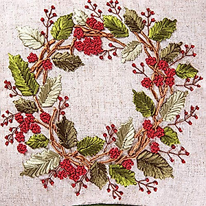 C&F Home Berry Wreath Christmas Botanical Holiday Xmas Handcrafted Red Green Premium Ribbon Cotton Art Throw Pillow 12 x 12 Multi