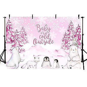 MEHOFOND 7x5ft Winter Baby Shower Backdrop Baby It's Cold Outside Background Pink Watercolor Artic Animals Penguin Baby Shower Party Banner Decorations Photo Booth Props