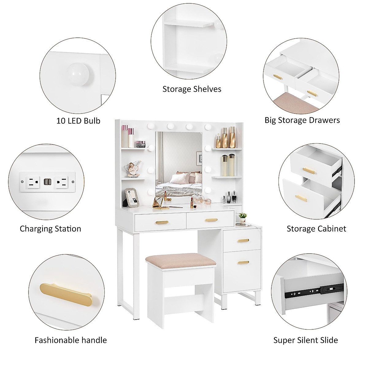 ANWBROAD Makeup Vanity Desk Vanity Set with 10 LED Bulbs Lighted Mirror Makeup Vanity Table Set with Charging Station Nightstand 3 Colors Modes Dimming Cushioned Stool Large Mirror White UBDT53W
