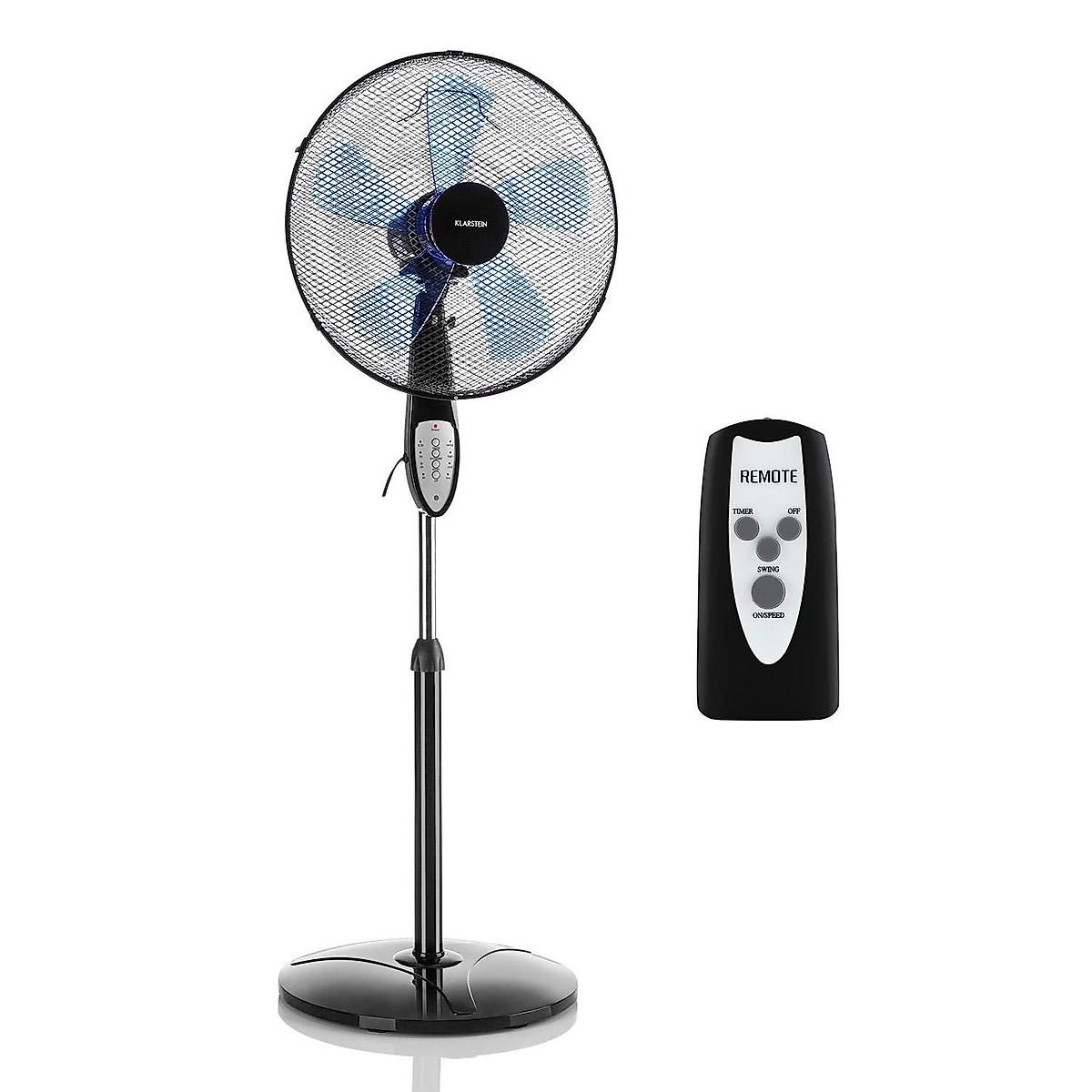 Klarstein Summerjam - Pedestal Fan, Stand Fan, Rotor Diameter: 16 inches, 50 Watts, 3 Speeds, Oscillation: 80 °, Timer, Remote Control, Height Adjustable, Color: Black