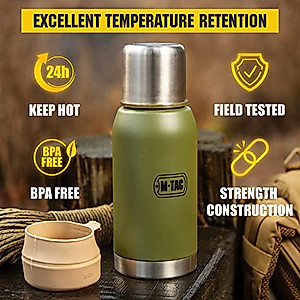M-Tac Thermo Bottle Type 2 for Cold & Hot Beverages - Stainless Steel Leakproof Vacuum Insulated Flask (Olive, 25 oz)