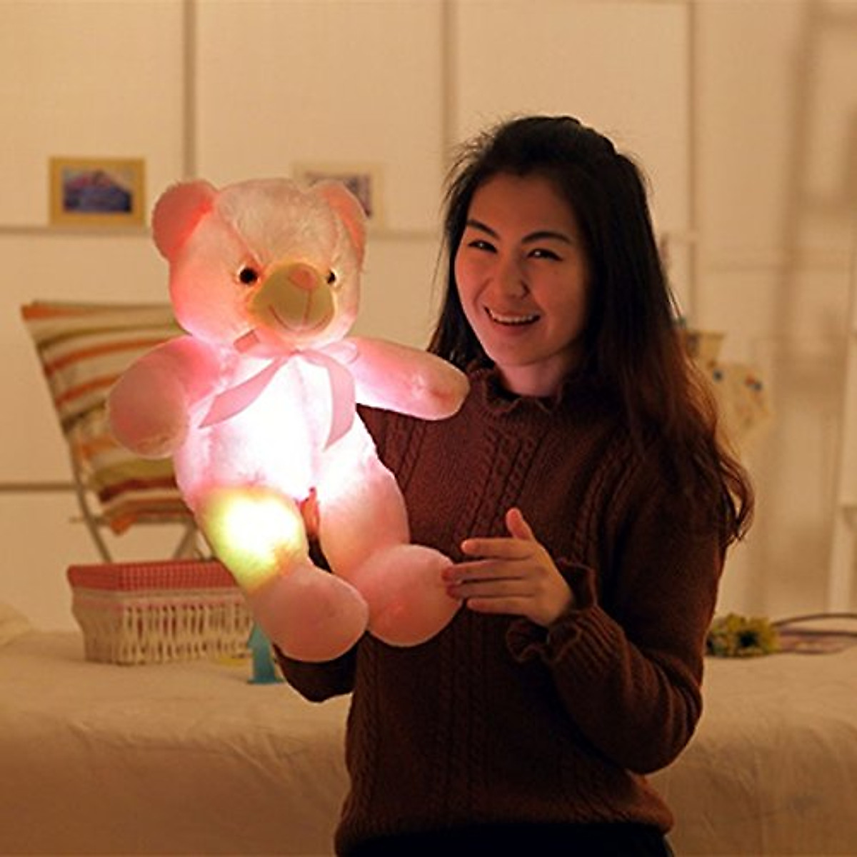 elfishgo Creative Light Up LED Inductive Teddy Bear Stuffed Animals Plush Toy Colorful Glowing Teddy Bear, 20- Inch(Pink)