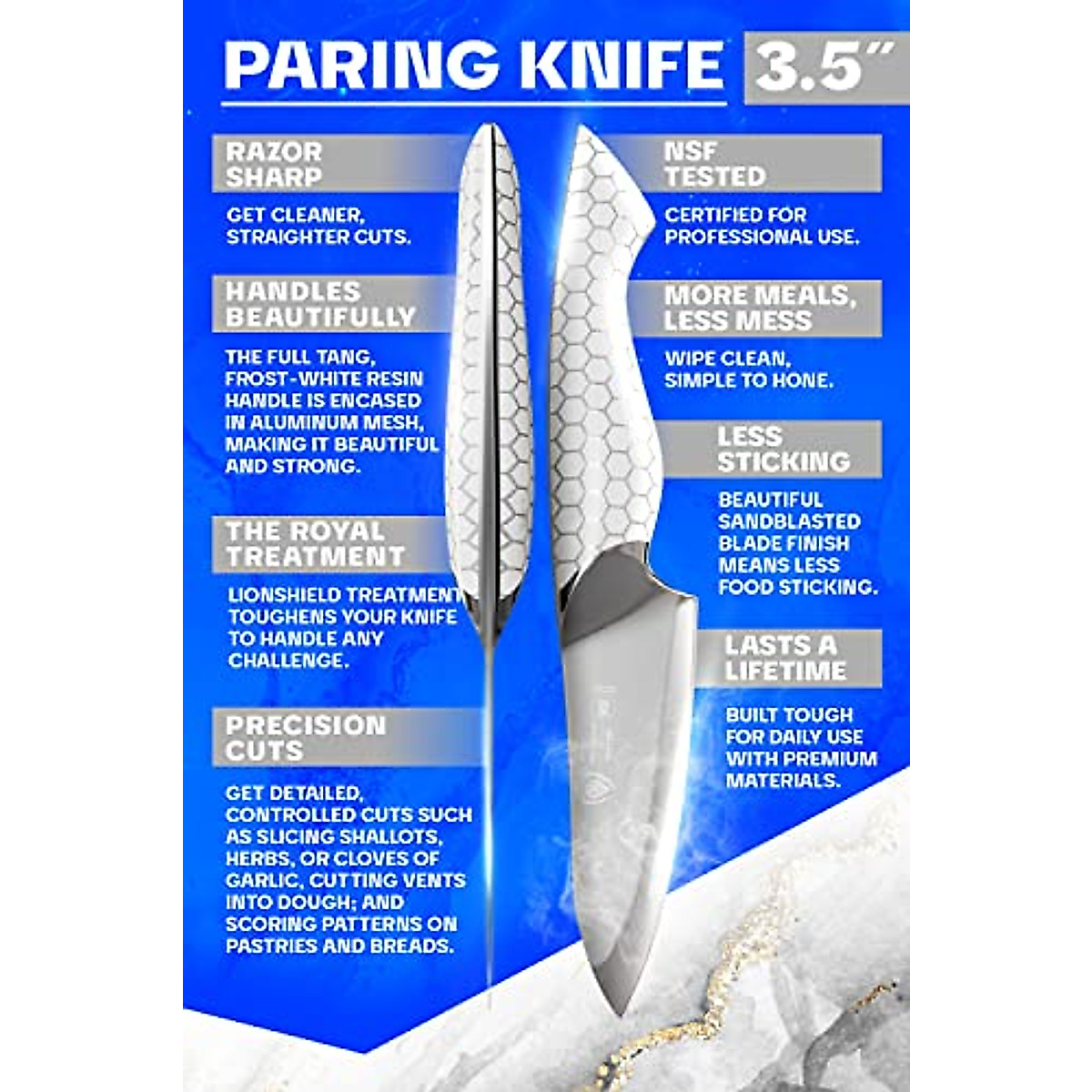 Dalstrong Paring Knife - 3.5" - Frost Fire Series - High Chromium 10CR15MOV Stainless Steel - Frosted Sandblast Finish - White Honeycomb Handle - Leather Sheath - NSF Certified