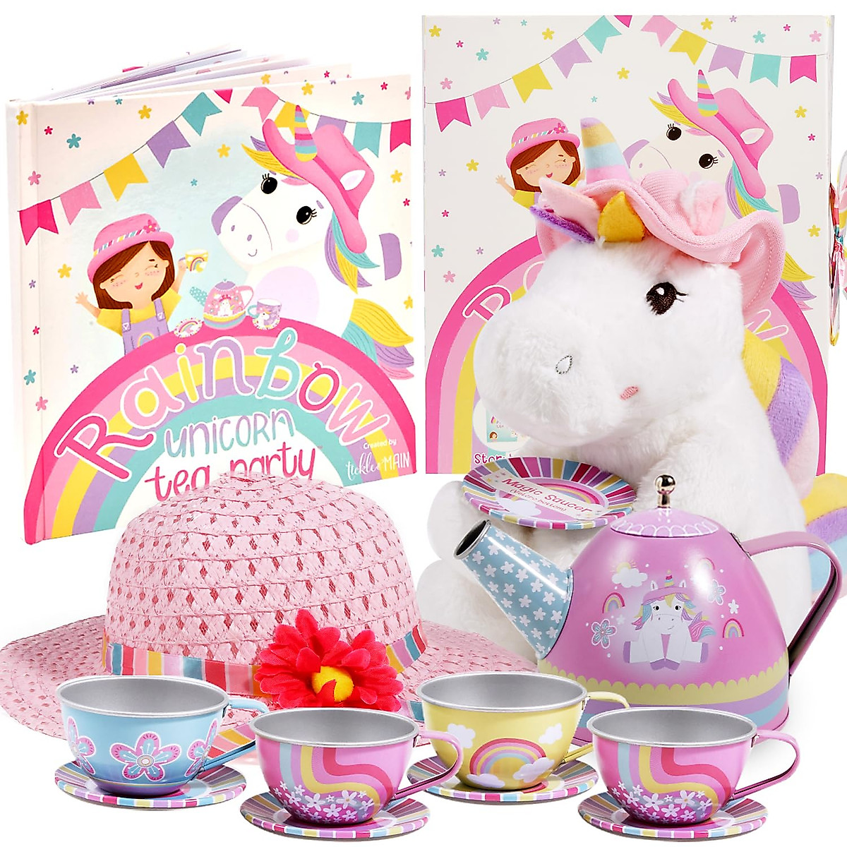 Tickle & Main Rainbow Unicorn Tea Party Gift Set, Tea Set for Little Girls with Unicorn Plushie