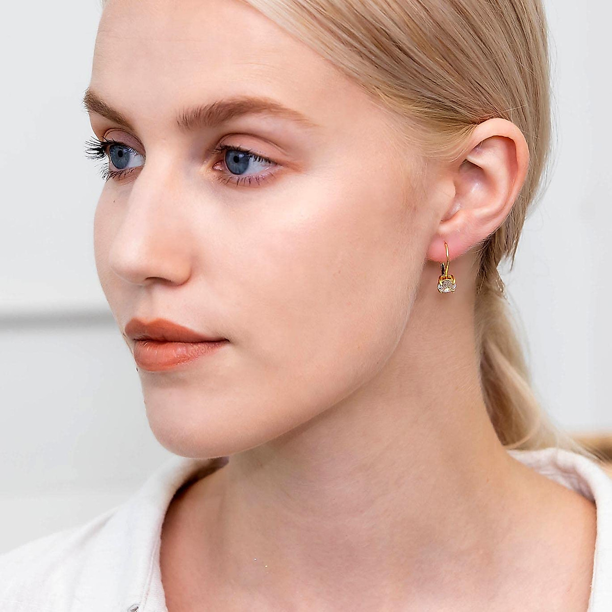 Hoops & Loops Yellow Gold Flash Sterling Silver 7mm Round Cubic Zicronia Leverback Earrings