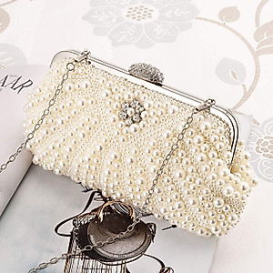 UBORSE Women Pearl Clutch Bag Noble Crystal Beaded Evening Bag Wedding Clutch with Pearl Chain (Cream-coloured)