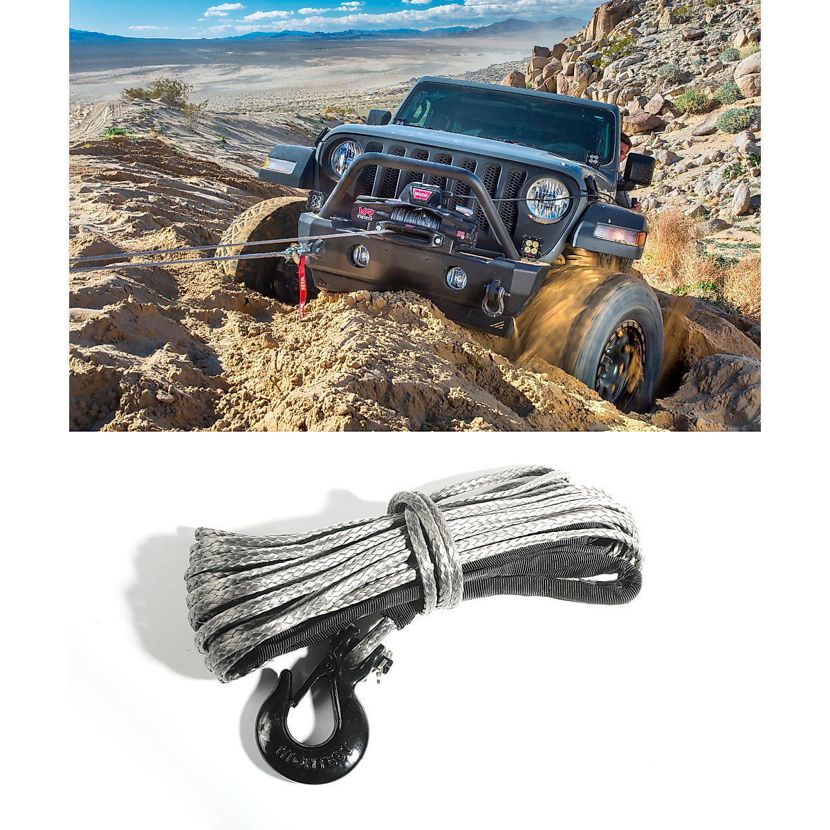ESEWALAS Synthetic Winch Rope Kit,3/16 Inch x 50 Feet 8,350LBs Synthetic Winch Rope ATV Winch Line Cable Rope with Steel Hook Rubber Stopper Protecting Sleeve/Sheath and Thimble