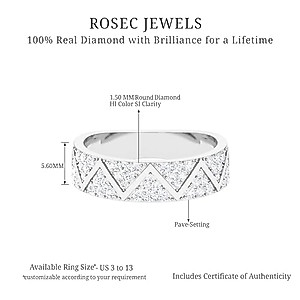 Rosec Jewels Certified Natural Diamond Wedding Band, Hi Color Si Clarity, Diamond Half Eternity Ring - Ready To Gift, 14K White Gold, Size:US 8.50