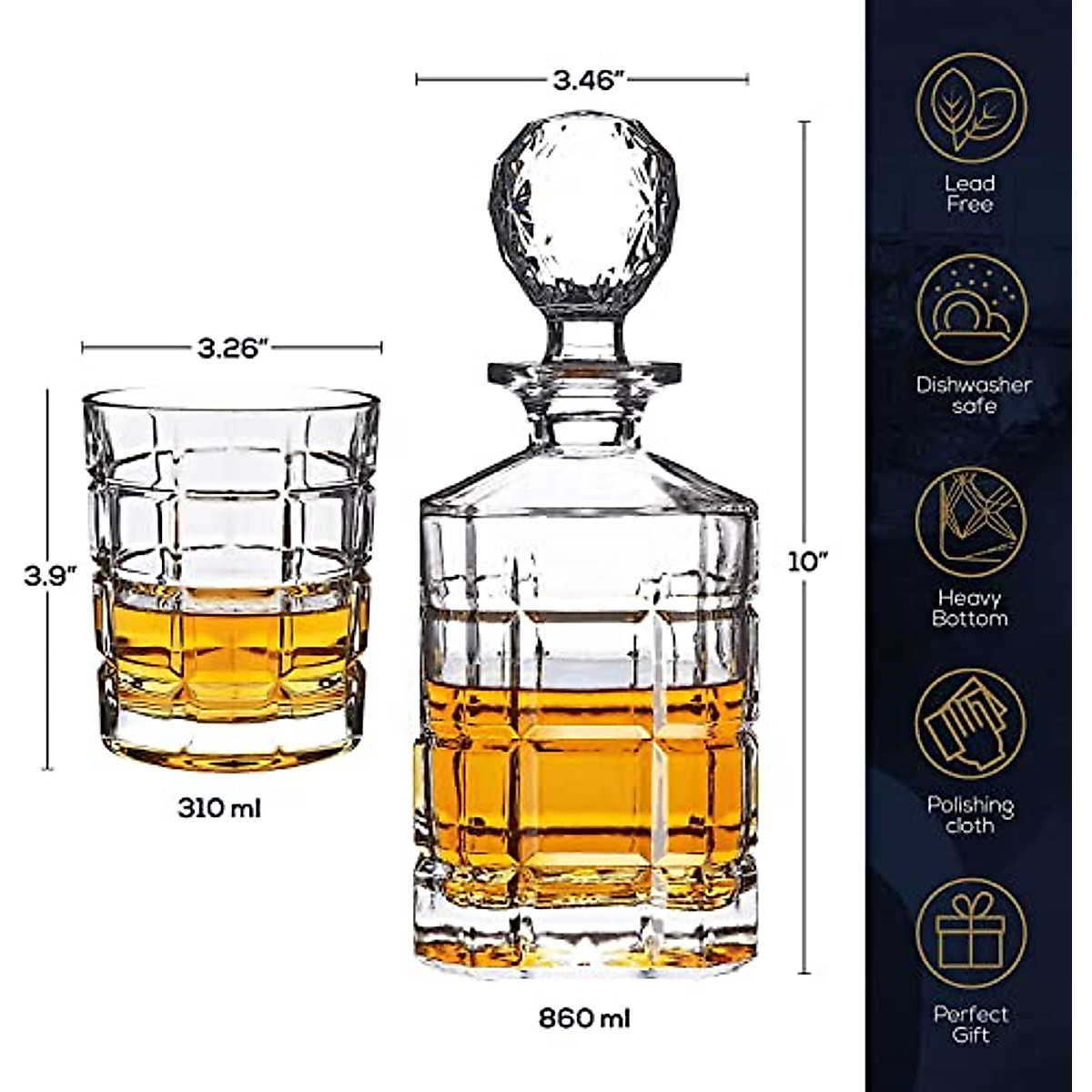 Whiskey Decanter Set with Glasses Regal Trunk & Co, 4 Square Engraved Tumblers Whisky Decanter & Glass Set, Crystal Decanter Set Bourbon and Scotch, Gift Box and with Liquor Glass Polishing Cloth