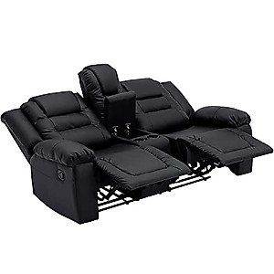 PU Leather Double Reclining Sofa with Center Console, Upholstery Manual Recliner Loveseat Couch w/Easy Pull Handles and Adjustable Footrest, 2-Seater Sofa & Couch for Home Theater Seating