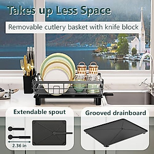 AIDERLY Iron Dish Drying Rack with Drainboard Dish Drainers for Kitchen Counter Extendable Spout Strainers with Utensil Holder and Knife Slots, Grey