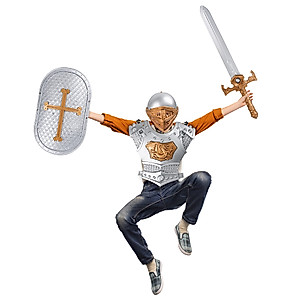 JOYIN Silver Knight in Shining Armor Medieval Pretend Role Play Plastic Toy Halloween Costume Set with Accessories, Kingdom Cosplay with Weapons for Halloween Dress Up Party Decoration