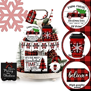 Jetec 12 Pcs Christmas Tier Tray Decoration Christmas Signs Tier Tray Decor Mini Christmas Decoration for Xmas Decoration Home House Farmhouse Party Christmas Decoration (Plaid)