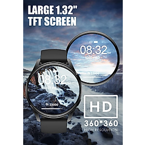 Smart Watch for Men 1.32 inch Full Touch Screen Fitness Tracker with Heart Rate Monitor Sleep Tracking Pedometer Watch Waterproof Smartwatch for iOS Android Phones (Black)